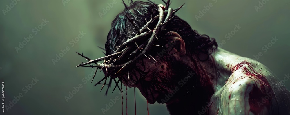 Detailed image of a man wearing a crown of thorns, with blood on his ...