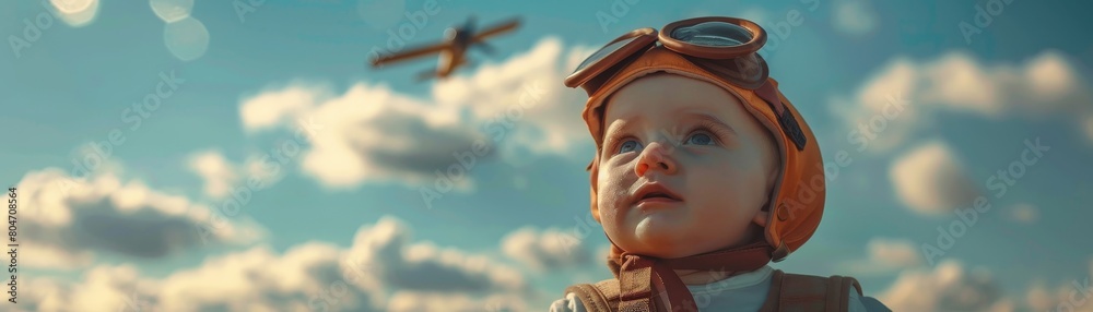 Baby boy in a pilot cap, pretending to fly, sky background with fluffy ...