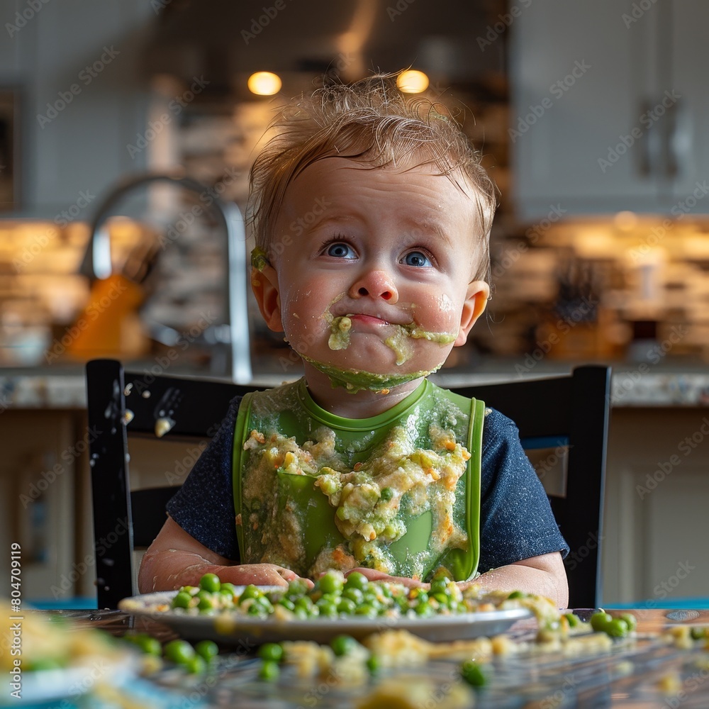 Baby with messy face in a high contrast kitchen setting, wearing a ...