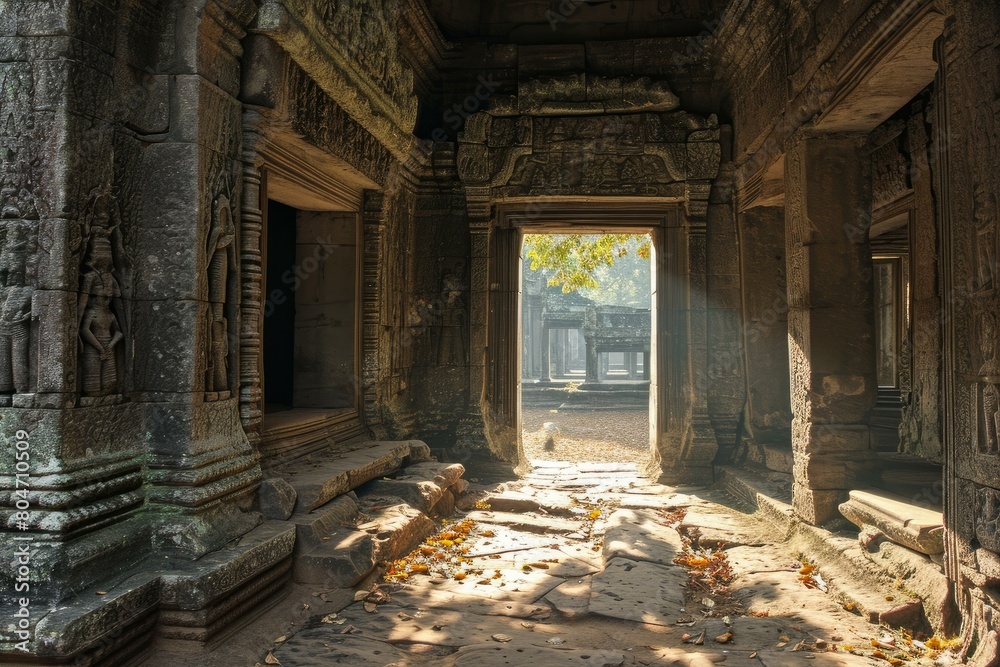 Colossal Angkor wat temple illustration. Asia ruin architecture ...