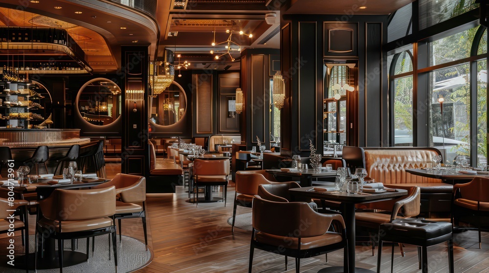 This inviting restaurant shows a sophisticated design with dark wood ...