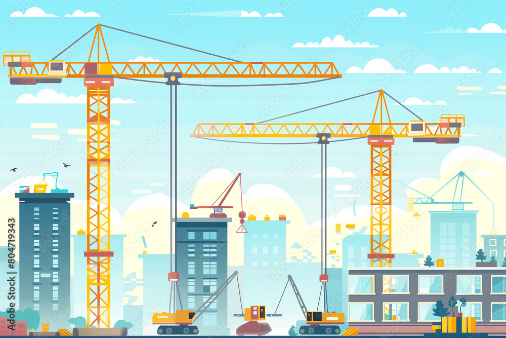 Animated Construction Site with Cranes and Buildings. Colorful animated ...