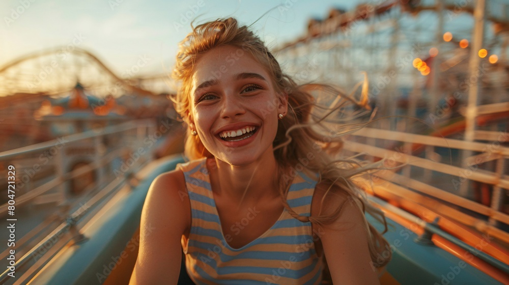 A young woman with blonde hair on a rollercoster at an amusement park ...
