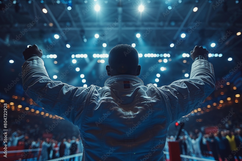 Back view of an athlete with arms raised in triumph inside a sports ...