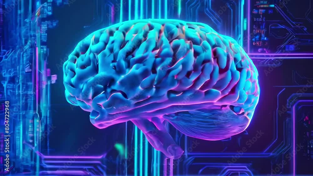 Neon brain illustration in a digital environment. Human brain in a ...