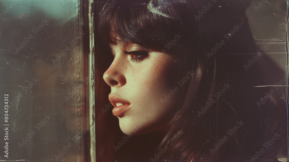 Beautiful girl in profile looking out the window romantically with ...