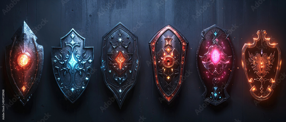 Fantasy 3D shield set, enchanted designs with glowing emblems, minimal ...