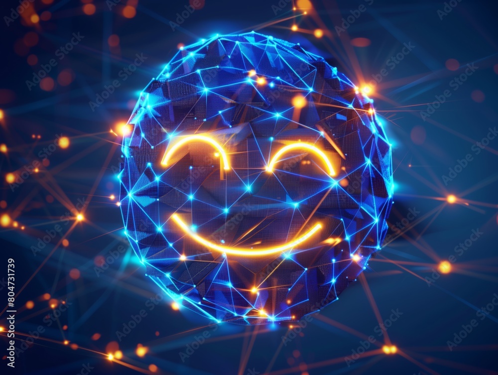 Neural lowpoly AI futuristic neon network of emoticon smiling Stock ...