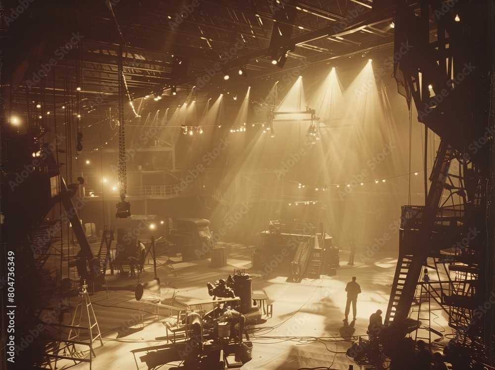 Vintage sepia photograph of a 1920s silent-film studio with a crew ...