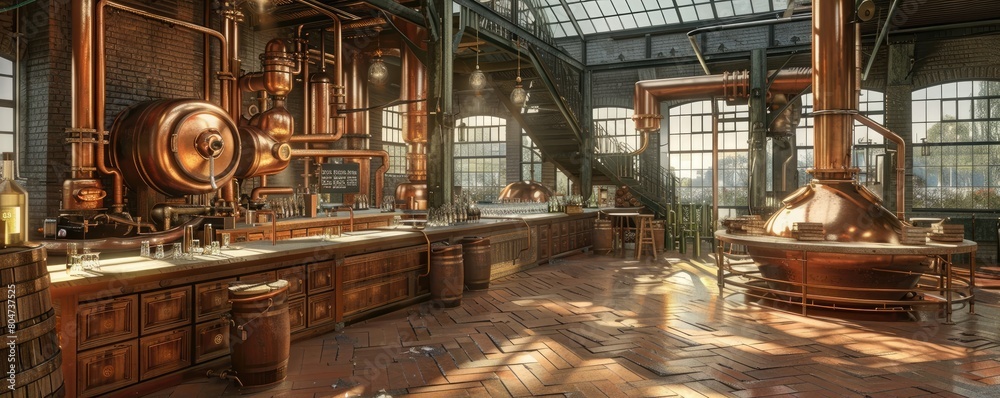 The interior of a modern craft distillery with shining copper stills ...
