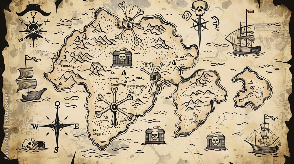 Handcrafted map by a pirate, showing chests brimming with loot, swords ...