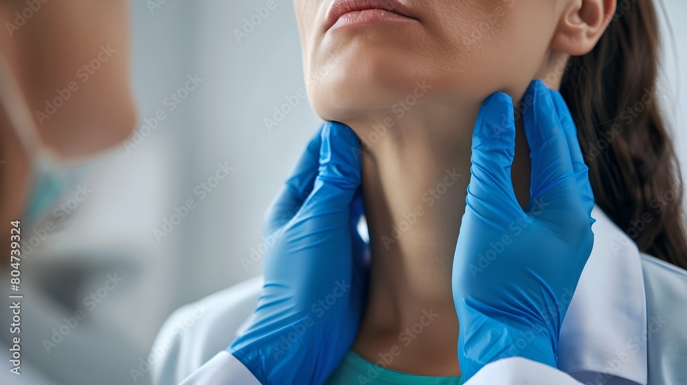 Healthcare professional in gloves performing neck examination. Routine ...