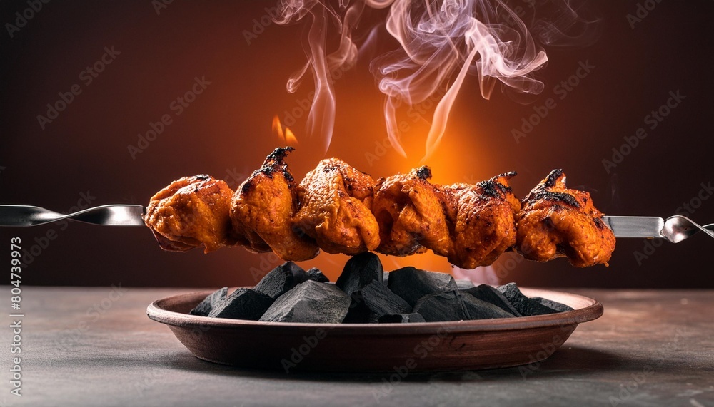 chicken tikka roasting on an open hearth with glowing coals and smoke ...