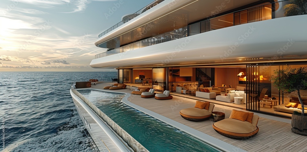 3D rendering of luxury cruise ship, large upper deck with pool and ...