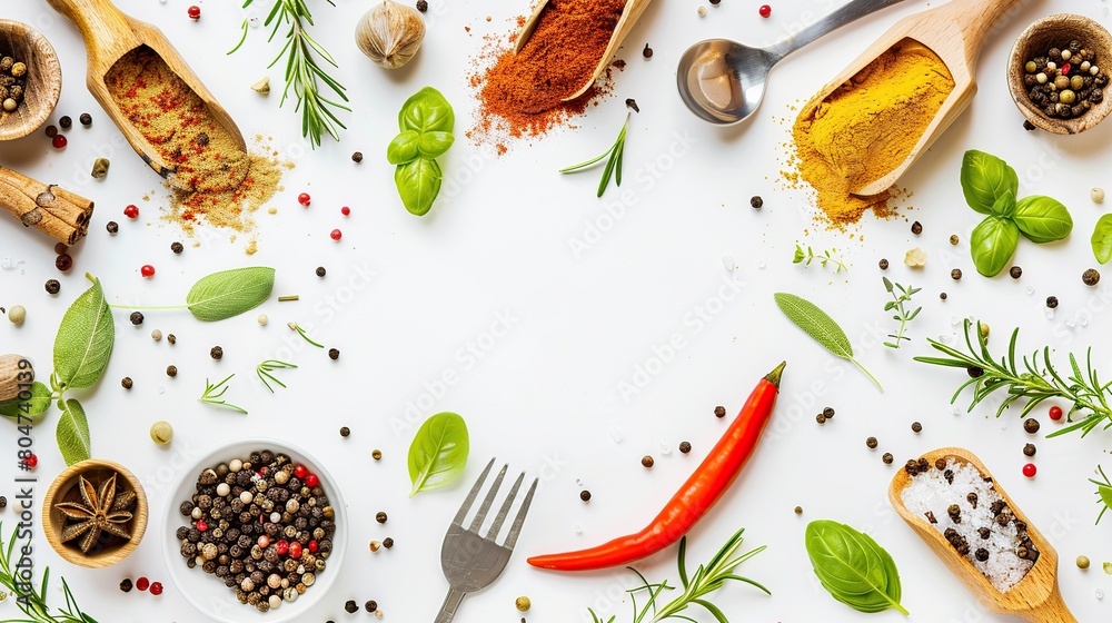 Food background with spices, herbs and utensil on white background ...