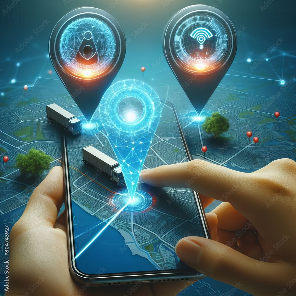 Digital hand set location on map with two pins. AI technology in GPs ...