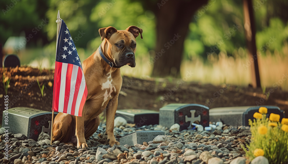 of a boxer dog sitting solemnly next to a veteran’s grave marked with ...