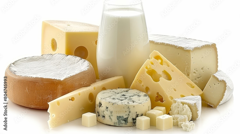 Assorted dairy products including cheese and milk on clean white ...