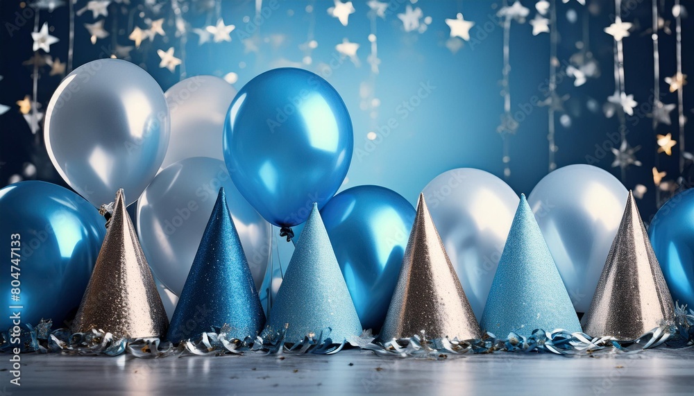 blue birthday background border with balloons confetti party hats Stock ...