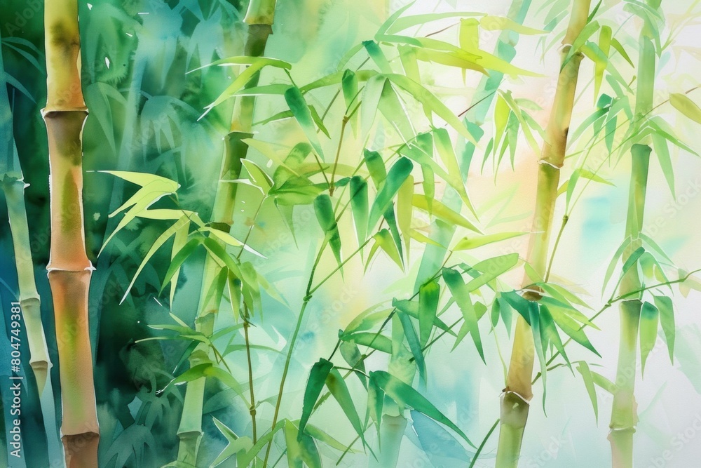 Ethereal Bamboo watercolor painting. Nature tropical branch tree ...