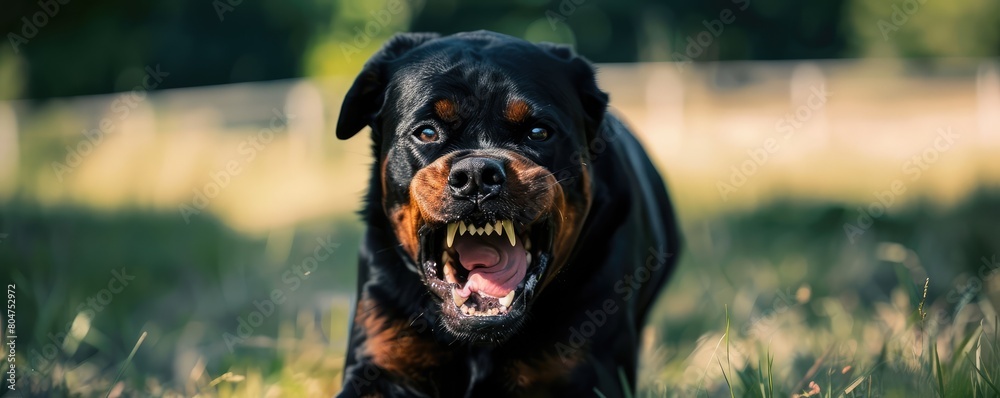 ferocious Rottweiler dog snarling, showing its teeth with a blurred ...