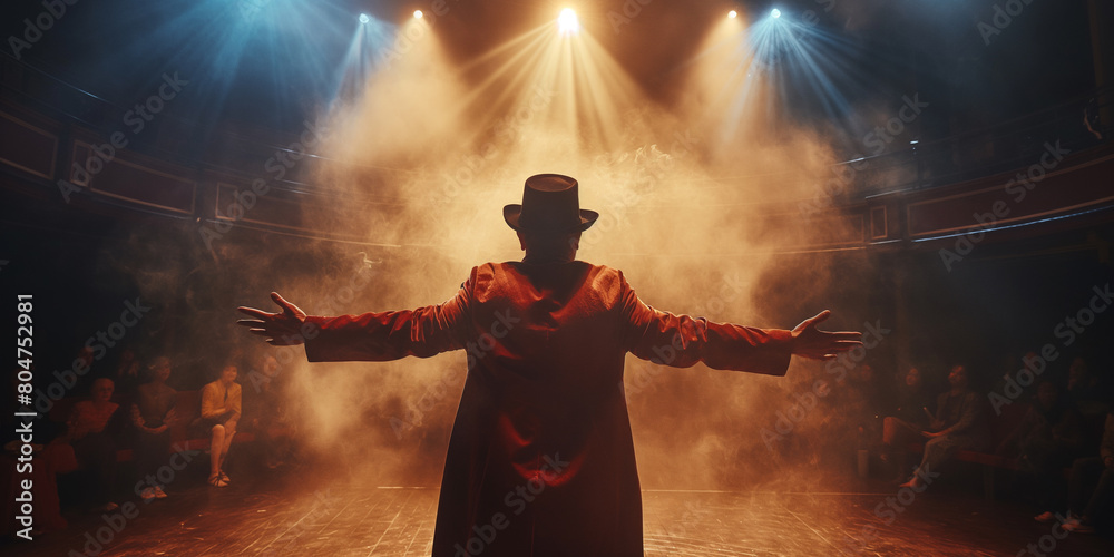 Сircus. Dramatic rear view of a magician on stage with arms wide open ...