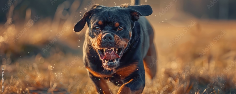 ferocious Rottweiler dog snarling, showing its teeth with a blurred ...