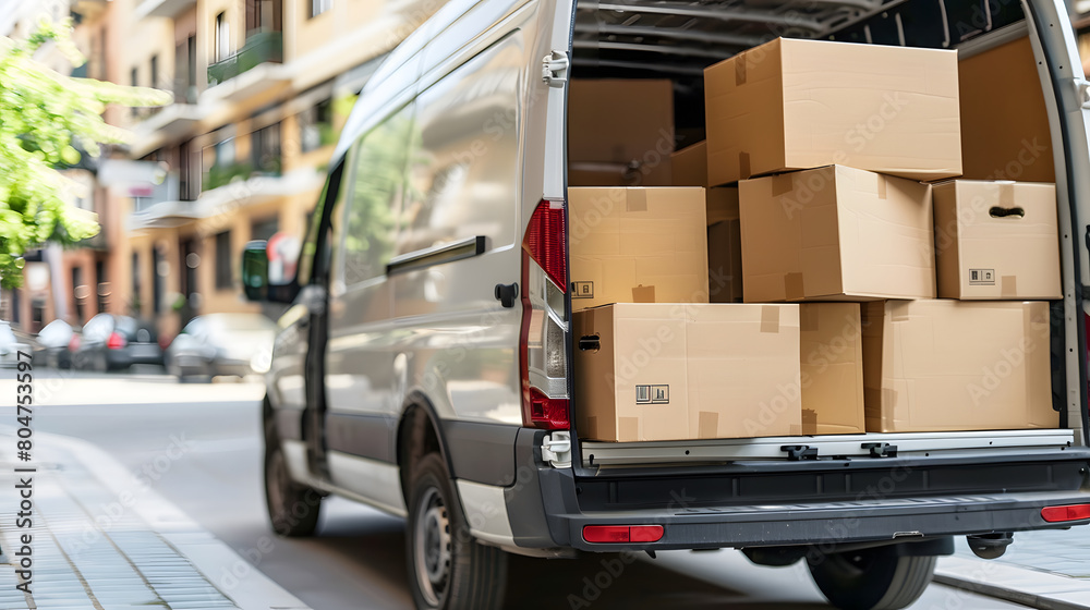 trunk with moving cardboard packages outdoors. White delivery van and ...
