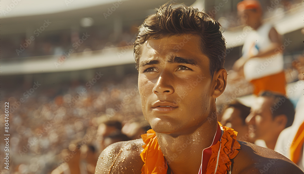 athlete with a gold medal stands at the stadium, a well-deserved ...