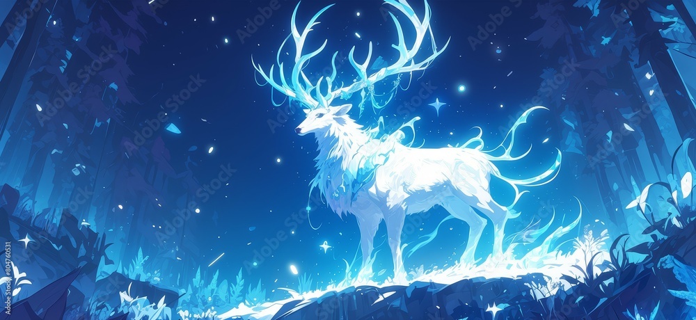 Glowing white stag in the woods, fantasy concept art, blue and teal ...