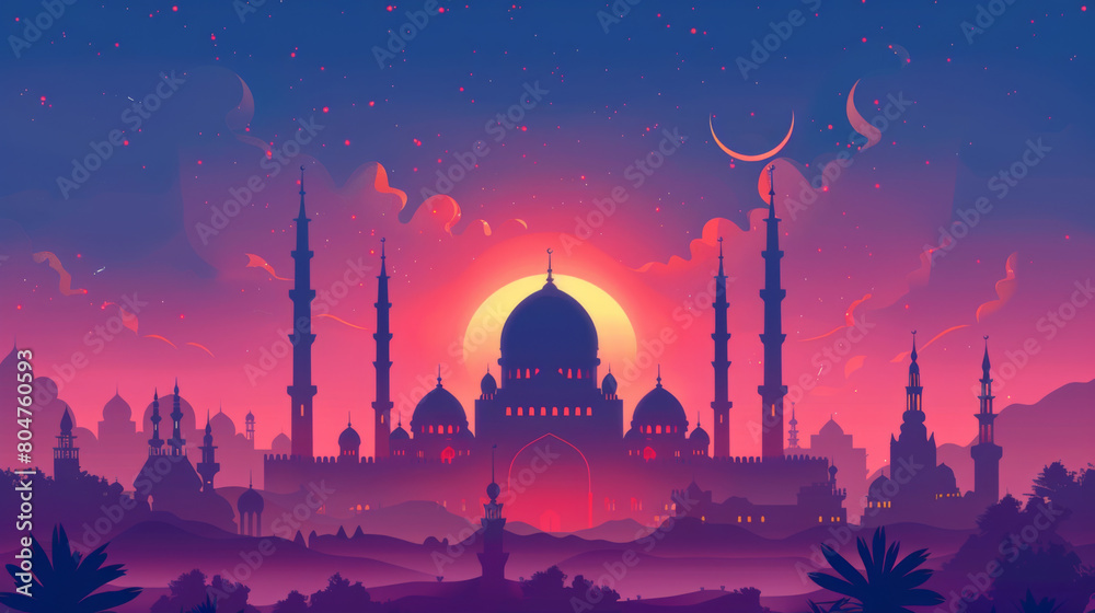 An illustrated skyline of Islamic architecture under a vibrant sunset ...