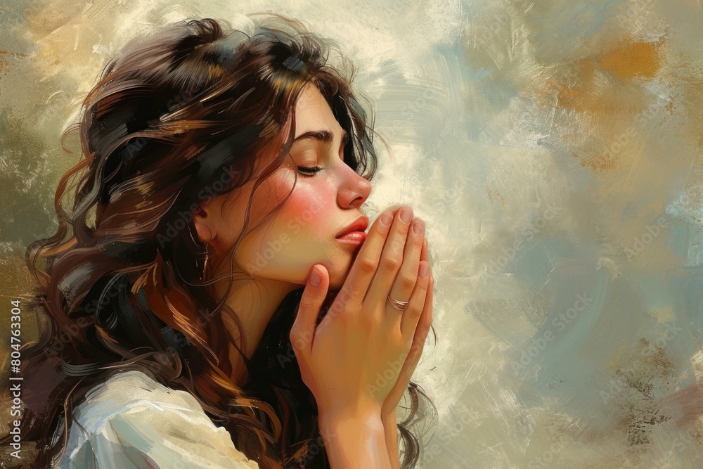Serene Beautiful girl praying. Religious woman prayer with belief in ...