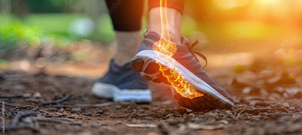 Foto de Injured female runner with calf muscle pain on outdoor run foot ...