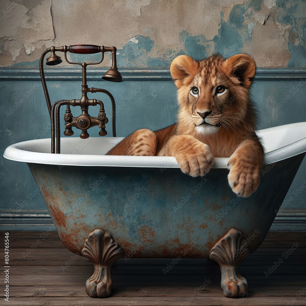 Bath Time Bliss: Cute Smiling Lion Relishing a Soapy Soak in a Retro ...