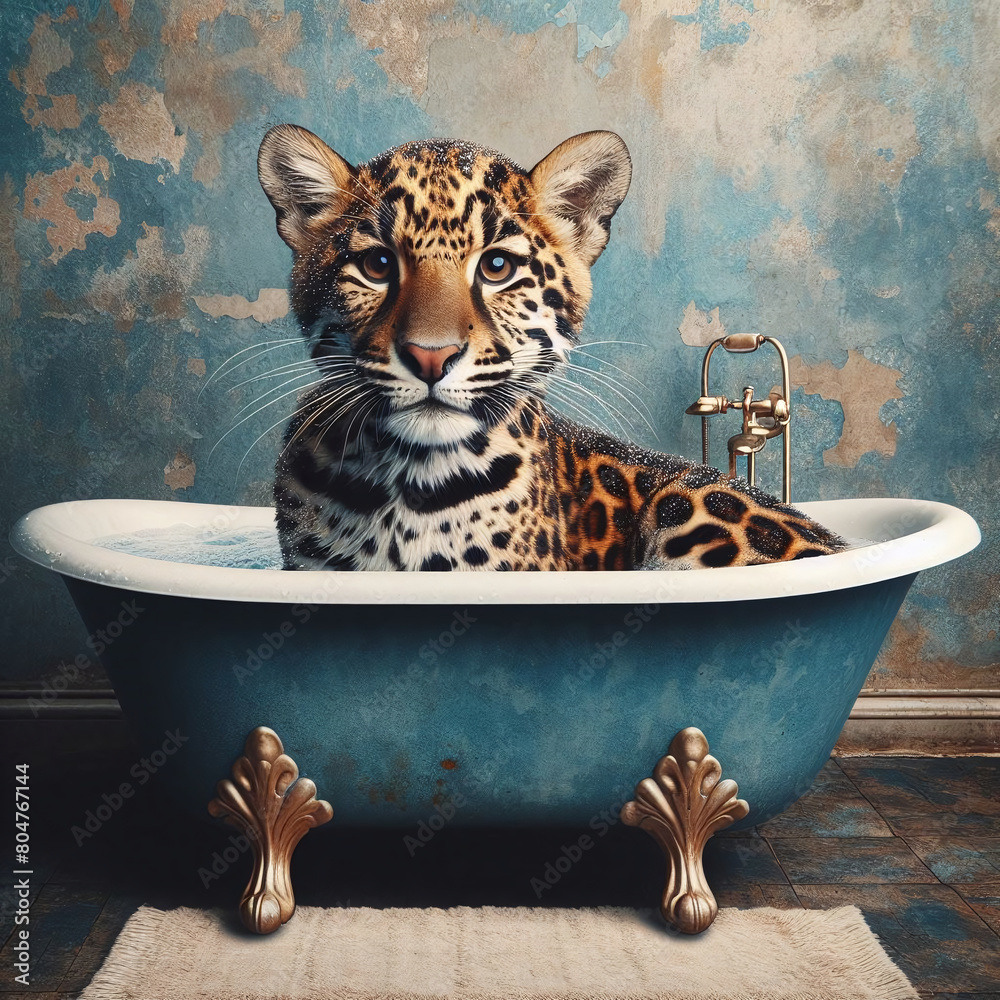 Bath Time Bliss: Cute Smiling Jaguar Relishing a Soapy Soak in a Retro ...