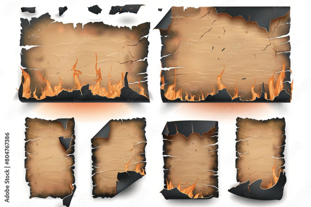 Burning paper pieces set isolated on transparent background. Vector ...