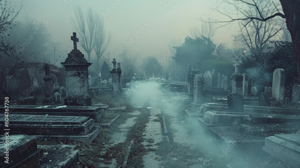 A somber cemetery with smoke slowly rising between the tombstones ...