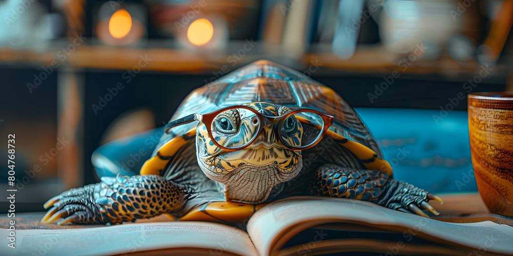 tiny turtle wearing a bowtie and spectacles, reading a miniature book ...