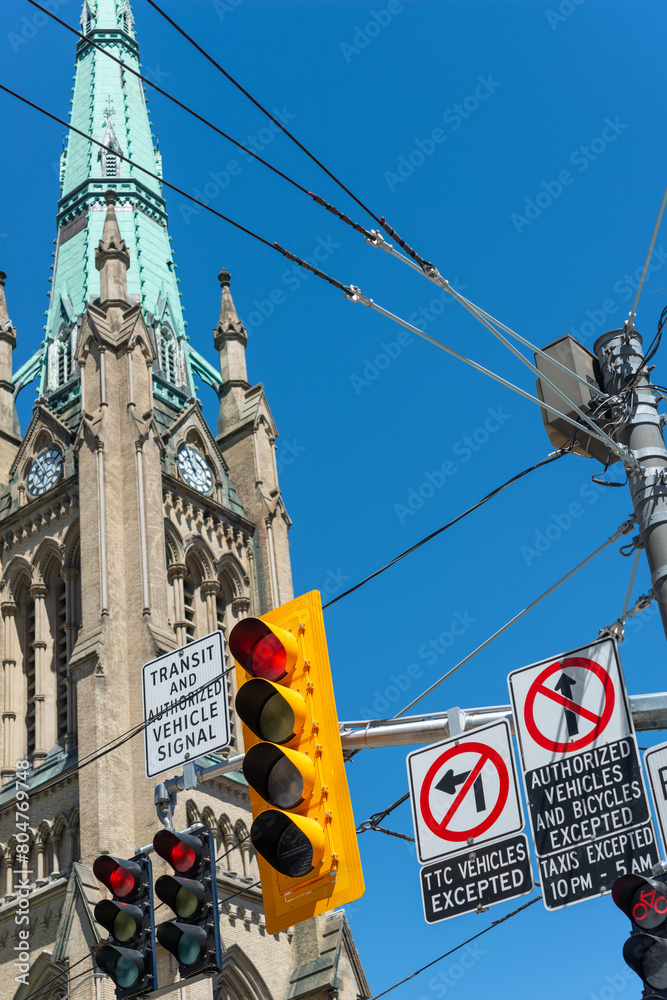 overhead wires and traffic signs on The Cathedral Church of St. James ...