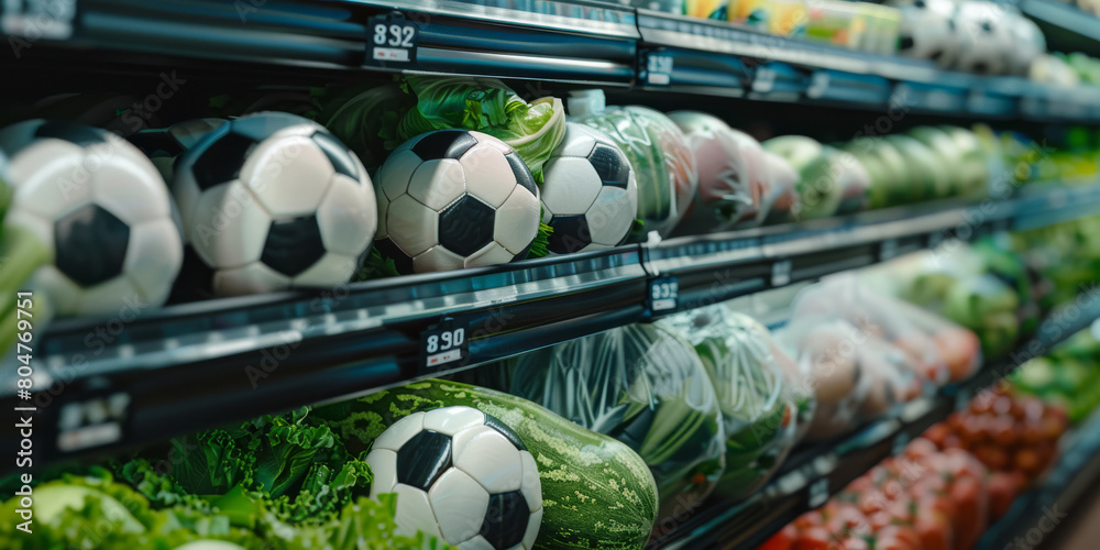 Vegetable section of the supermarket. Classic soccer balls are sold ...