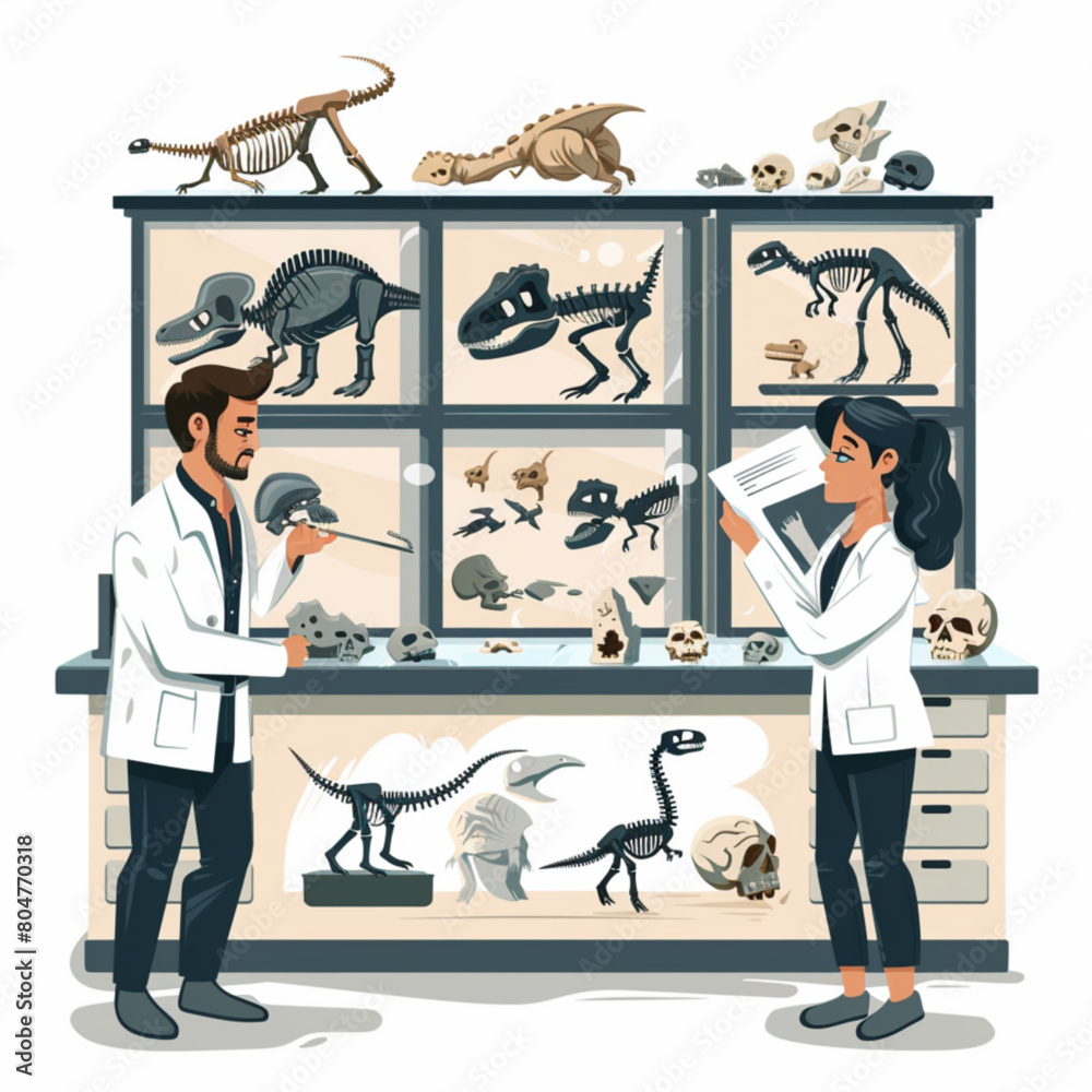Vetor de Fossil lab interior with paleontology scientists. Cartoon vector illustration of female ...