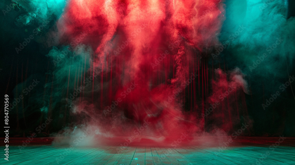 Deep red smoke wafting over a stage under a bright aqua spotlight ...