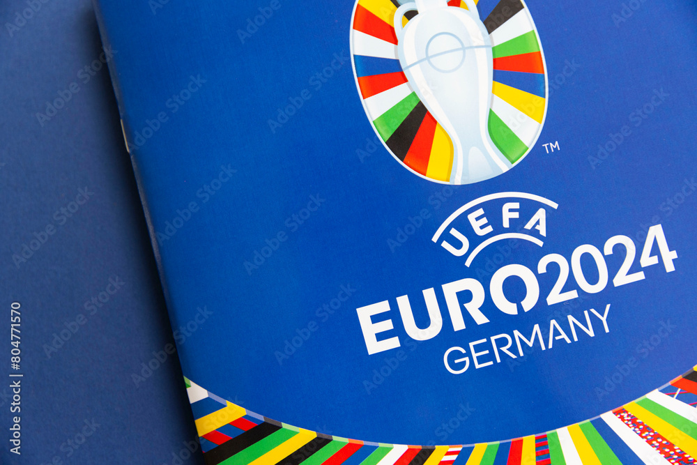 LONDON, UK - April 2024: Oficcial UEFA Euro 2024 football sticker album ...