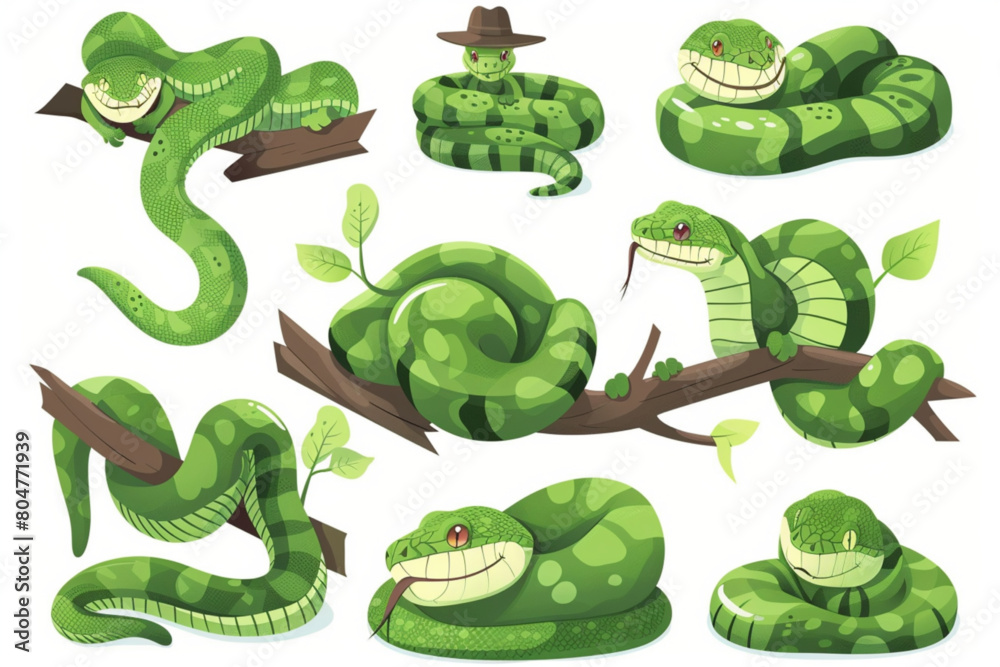 Green snake characters set isolated on white background. Vector cartoon ...