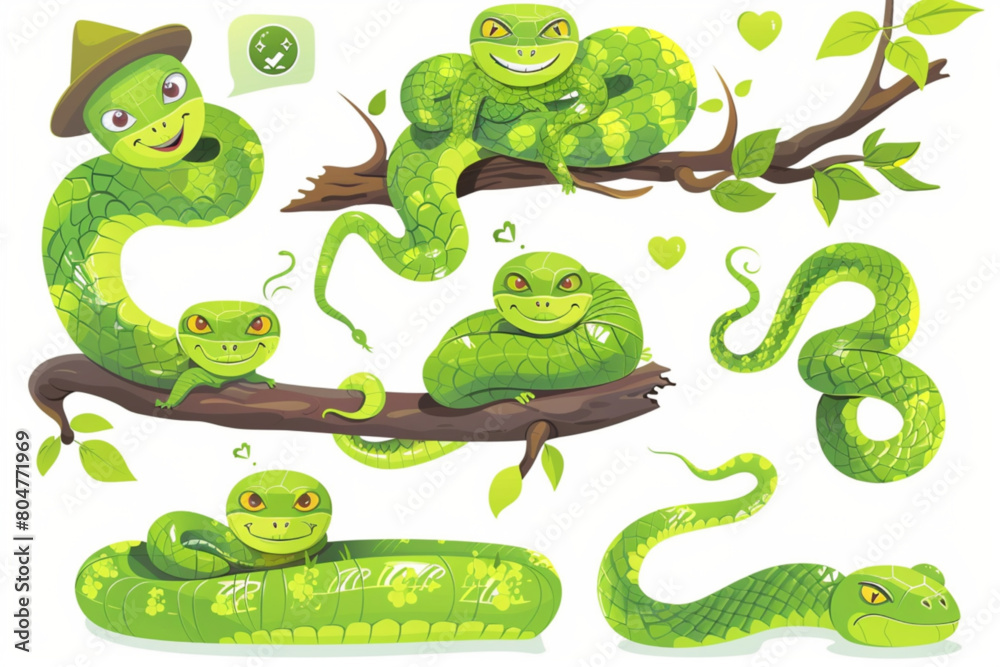 Green snake characters set isolated on white background. Vector cartoon ...