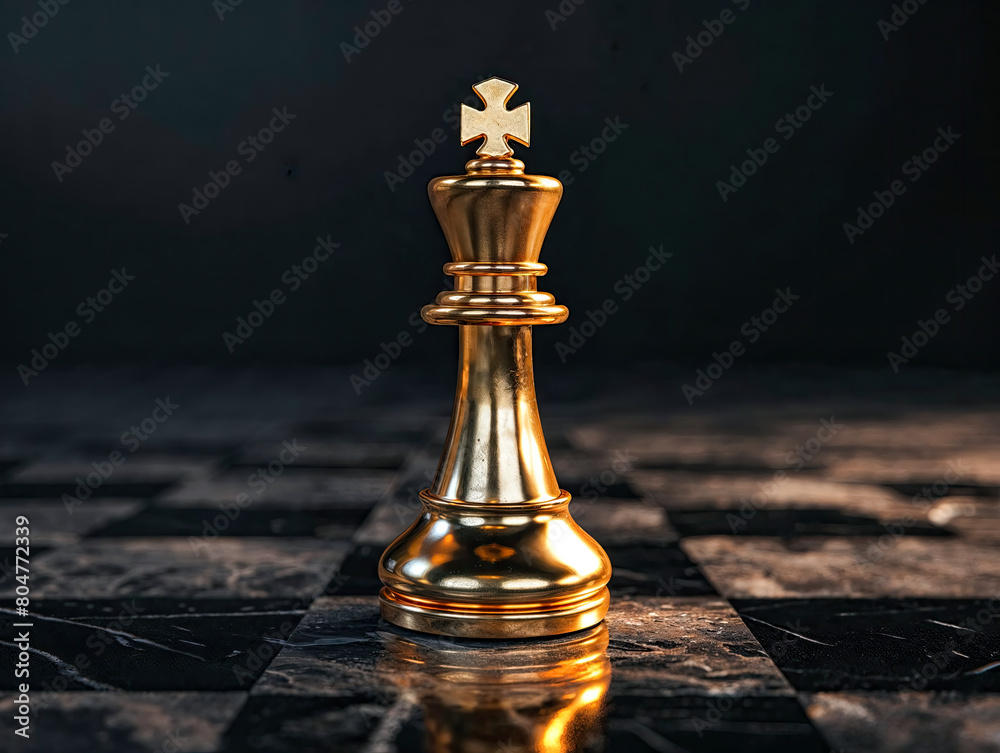 Shiny gold king chess piece stands isolated in the middle of a fancy ...