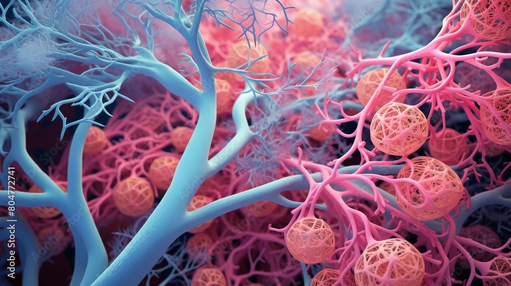 Microscopic view of a healthy lung alveolus, dark, misshapen cells ...