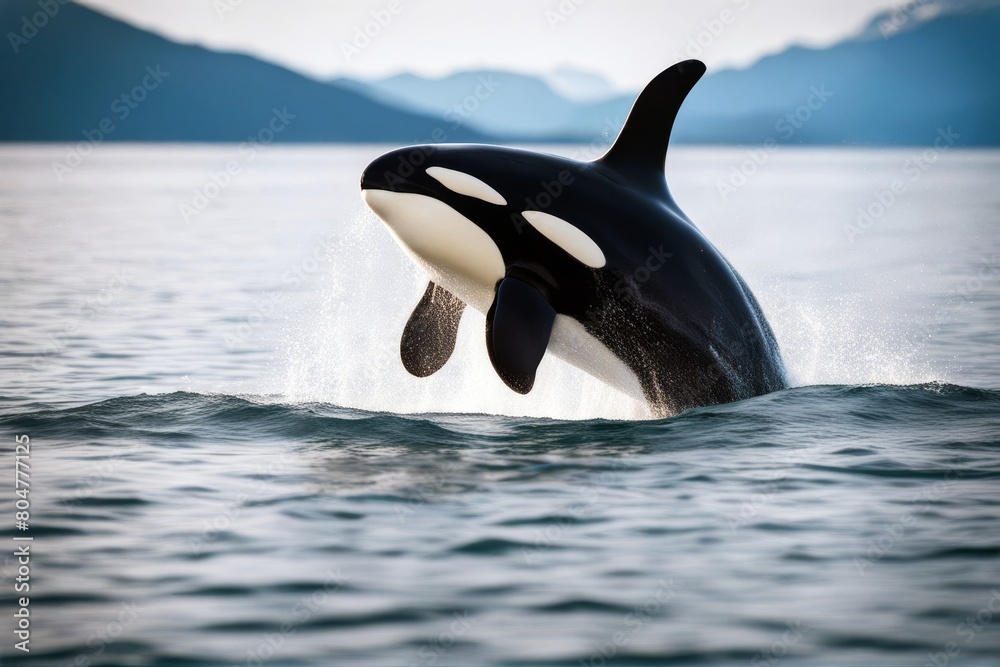 'orca vor aus wasser orcinus bergkulisse sprung schwertwal whale killer ...