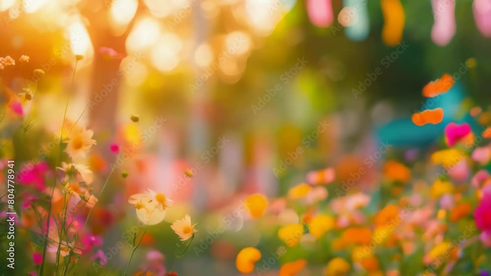 A field of flowers with a bright, sunny background. The flowers are in ...