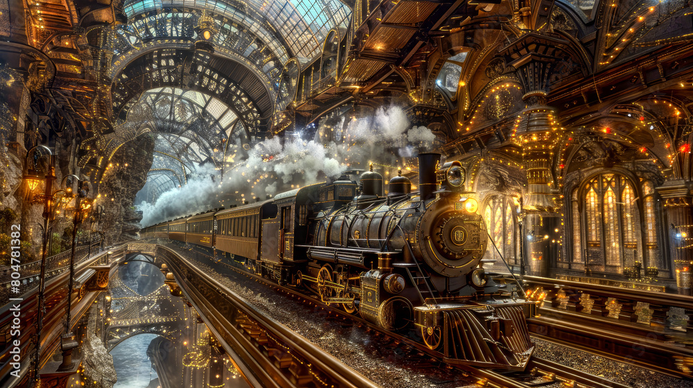 Steampunk train station with vintage locomotive and smoke billowing ...